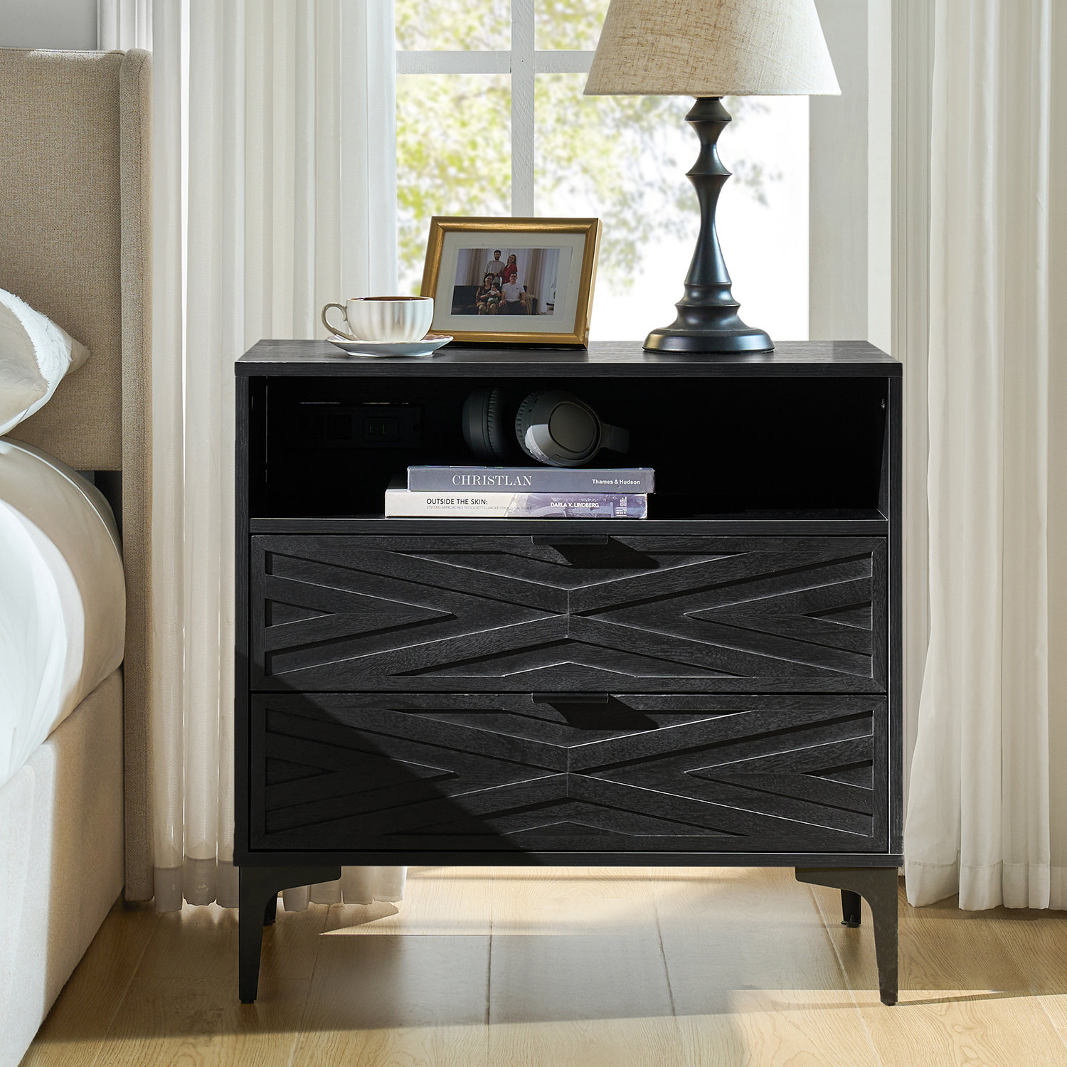 Gracie Oaks Lindley 28"W Modern 2-Drawer Nightstand with Charging Port and Open Shelf & Reviews ...